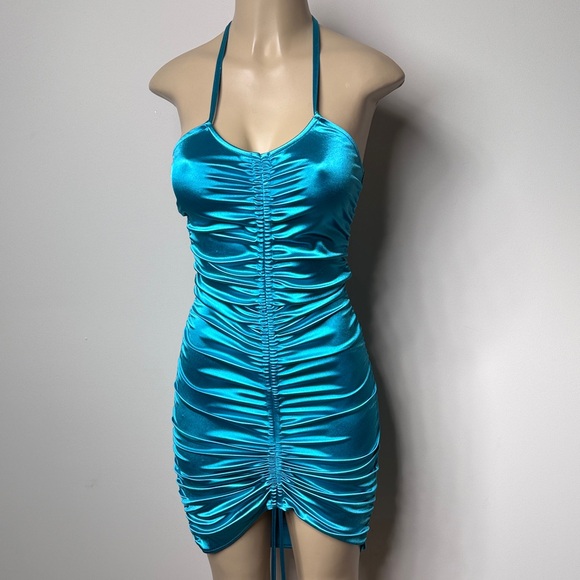 PrettyLittleThing | Dresses | Prettylittlething Blue Ruched Satin Mini ...